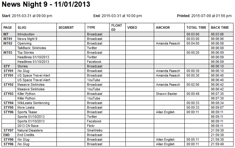Print a Running Order