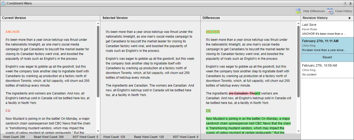 View the Differences Between the Versions of a Broadcast Story